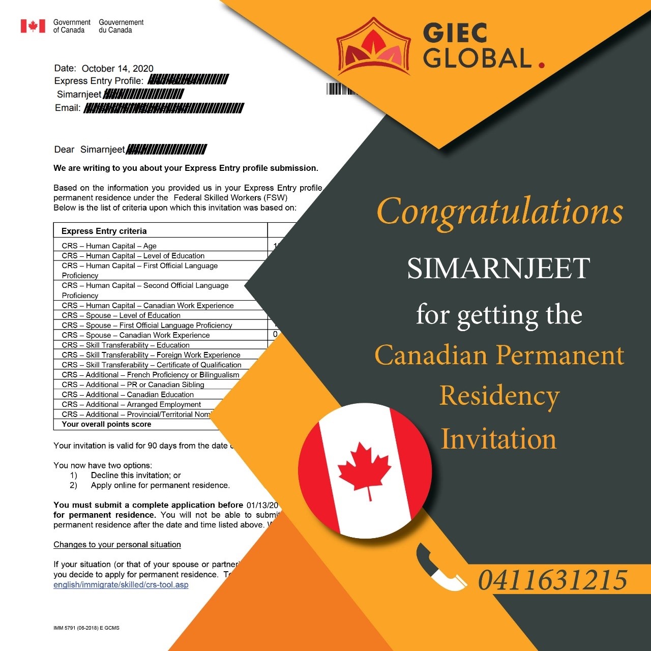 Canada Immigration Visa Granted of Simranjeet - GIEC Global