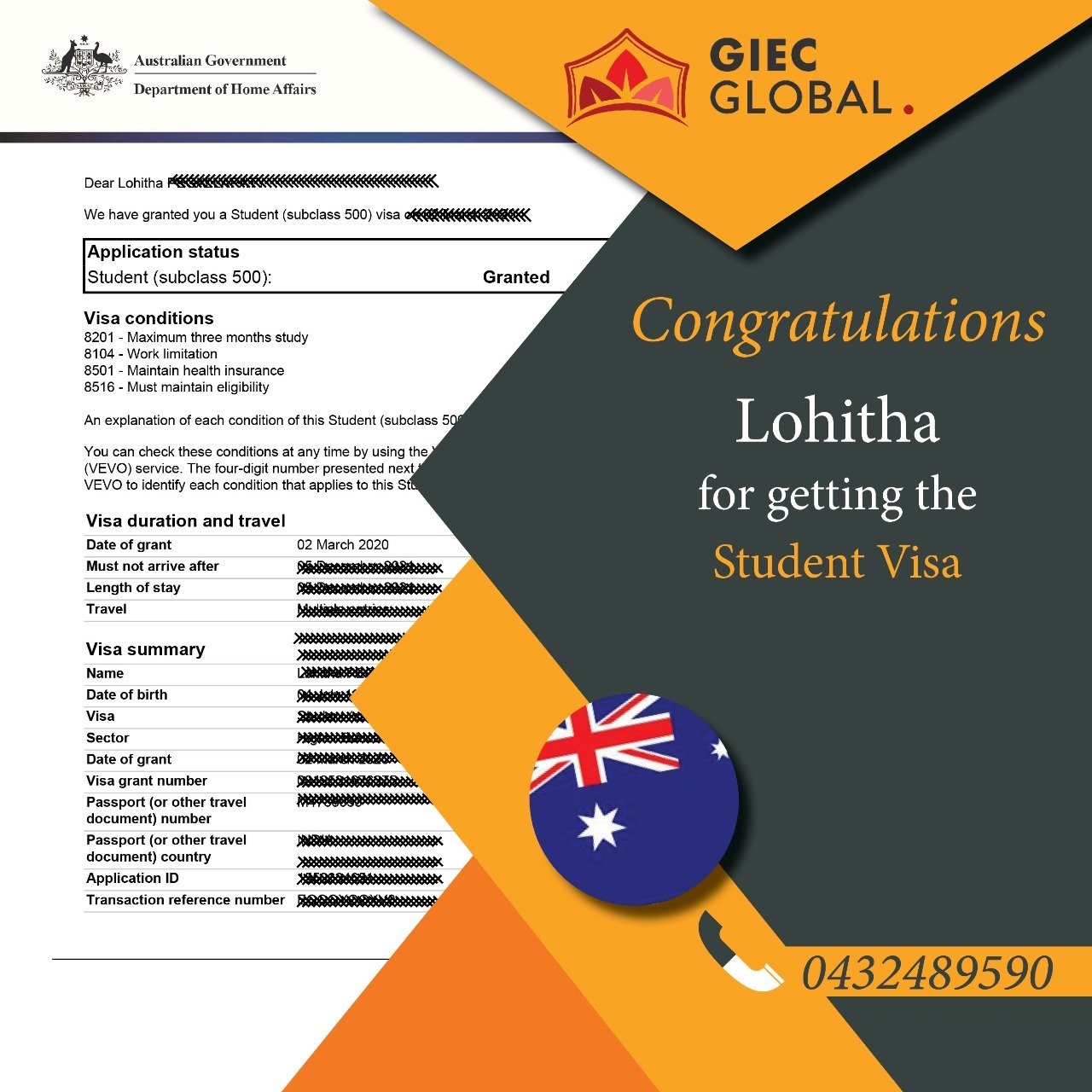 Australia Study Visa Granted of Lohitha - GIEC Global
