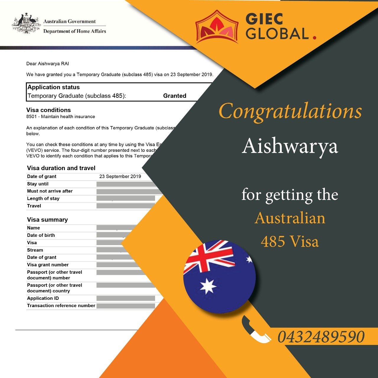 Australia Work Visa Approved Aishwarya - GIEC Global