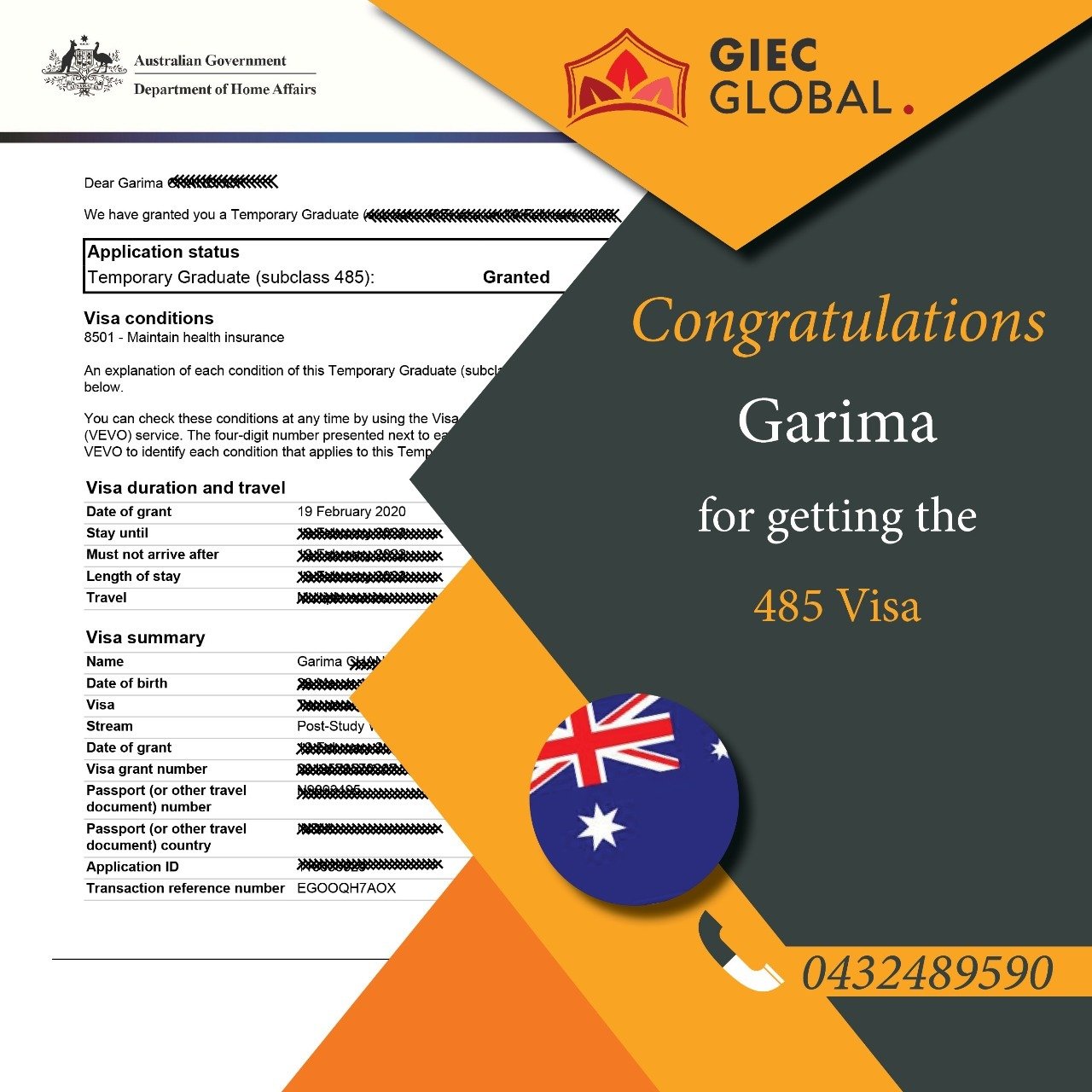 Australia Work Visa Granted of Garima - GIEC Global