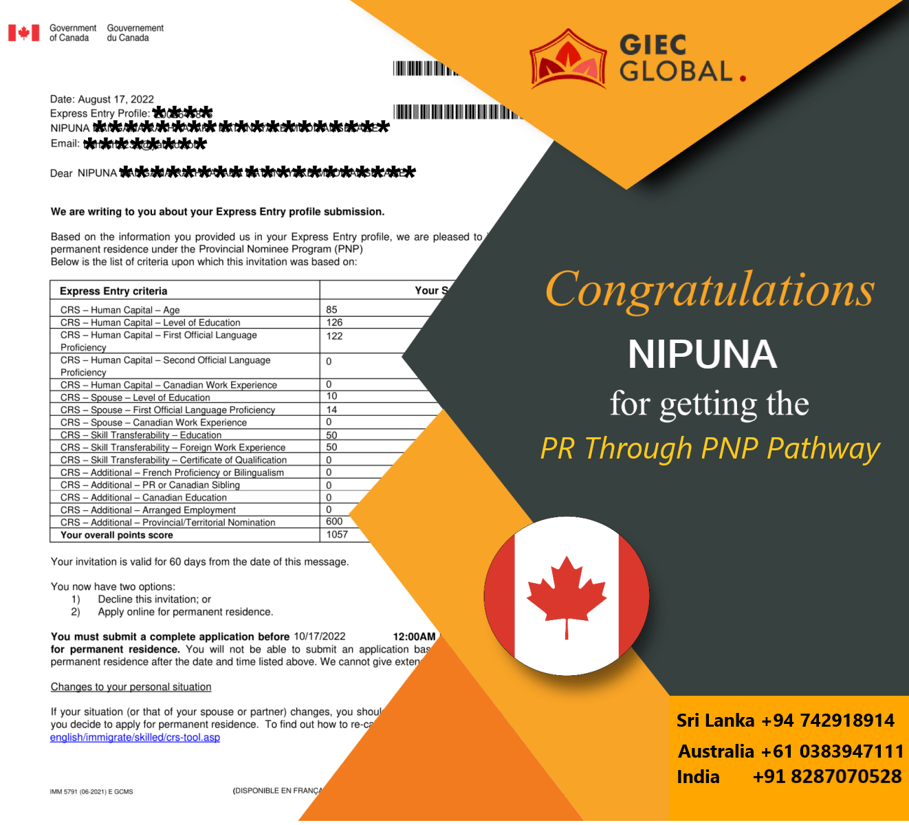 Canada PR Approved of Nipuna - GIEC Global