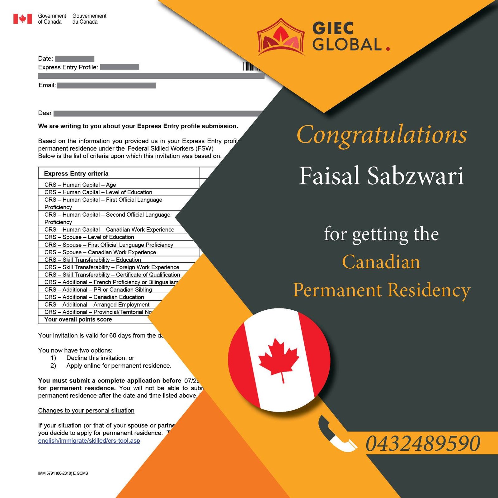 Canada PR Granted of Faisal - GIEC Global