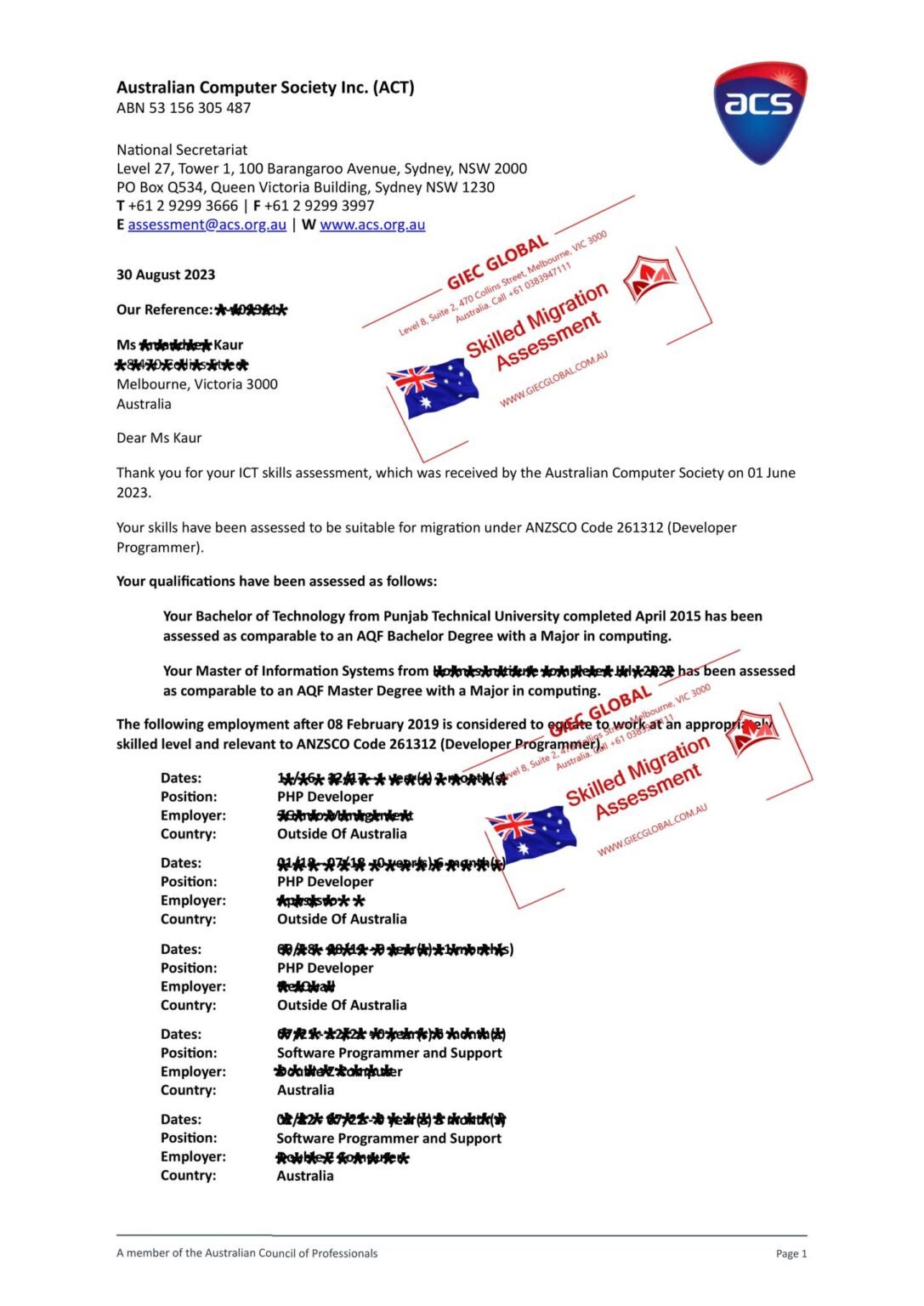 Skill Assessment Granted of Ms Kaur - GIEC Global